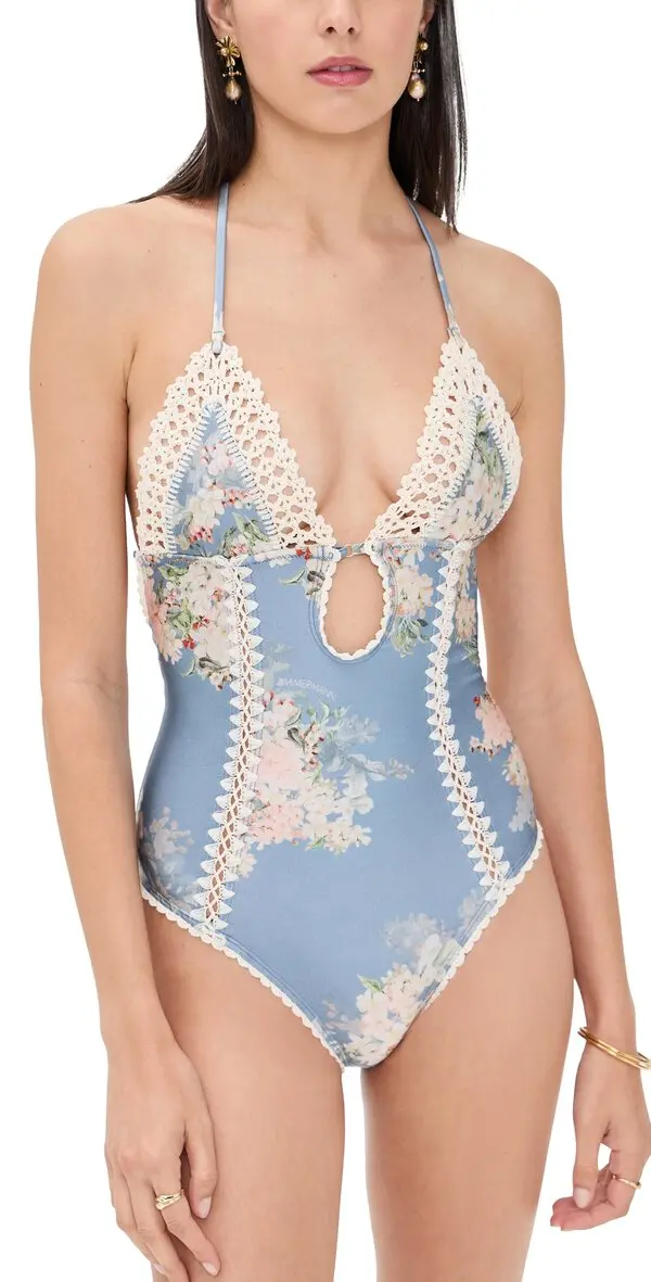 Zimmermann Cascadian Keyhole Crochet One Piece - Tea Blue Botanical Floral