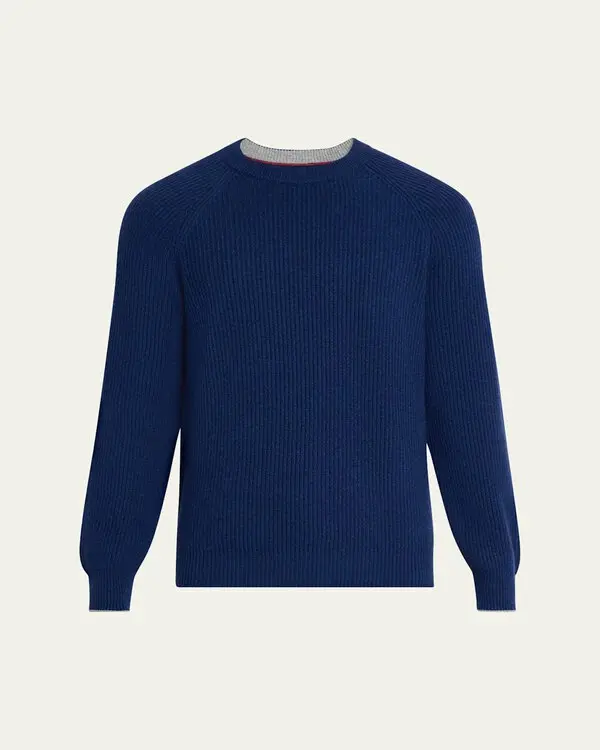 Brunello Cucinelli Cashmere English Rib Crewneck Sweater - Blue