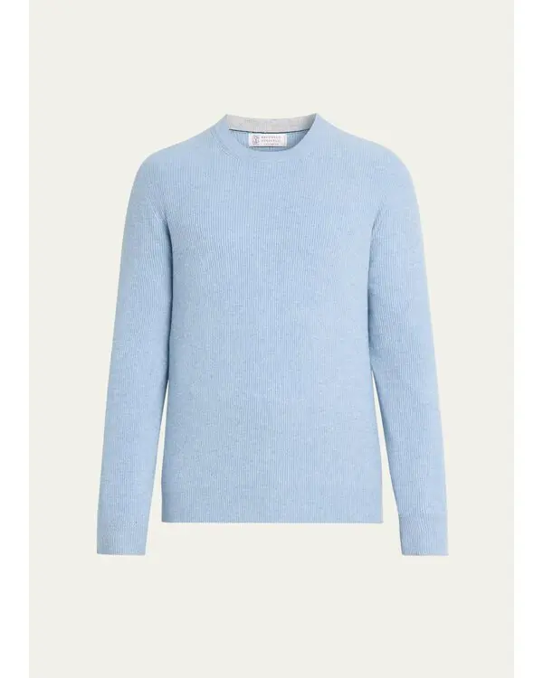 Brunello Cucinelli Cashmere English Rib Crewneck Sweater - Blue