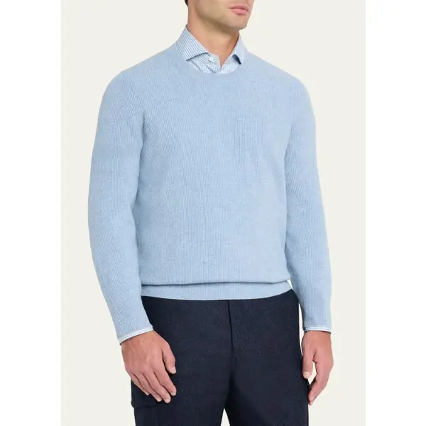 Brunello Cucinelli Cashmere English Rib Crewneck Sweater - Blue