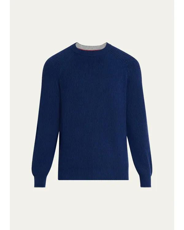 Brunello Cucinelli Cashmere English Rib Crewneck Sweater - Blue