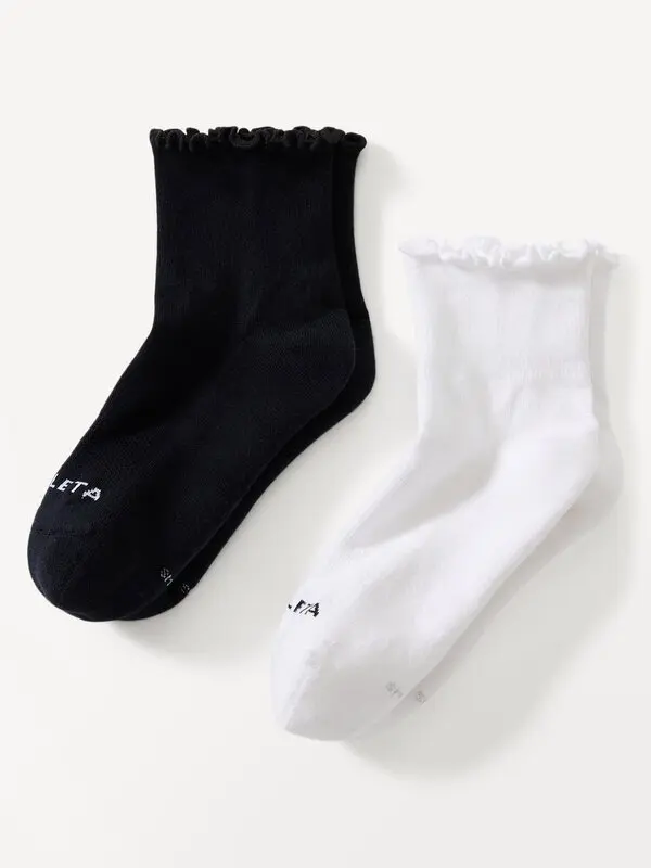 Athleta Ruffle Quarter Crew Socks 2-pack - Bright White/black