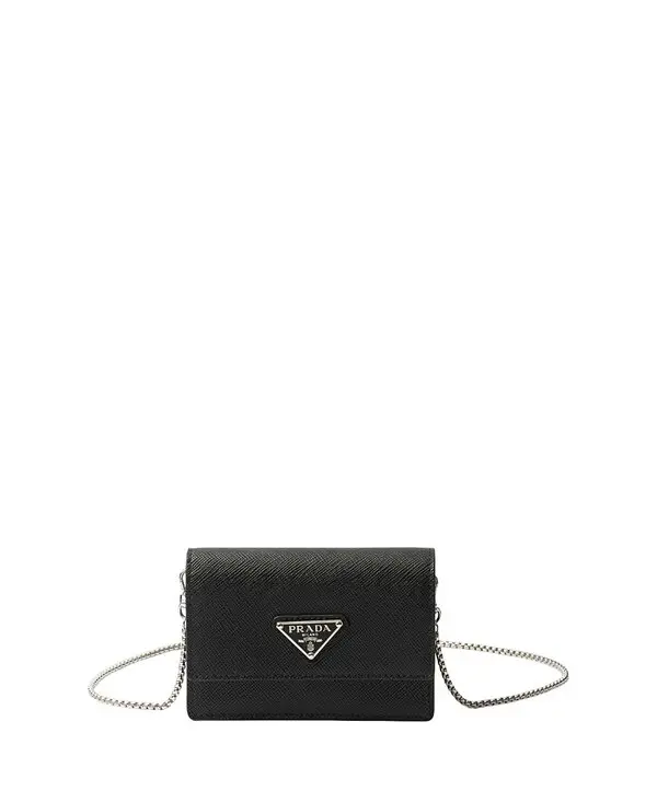 Prada Saffiano Leather Card Holder With Shoulder Strap - Black/silver