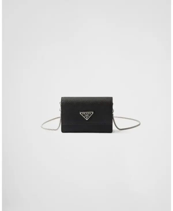 Prada Saffiano Leather Card Holder With Shoulder Strap - Black/silver