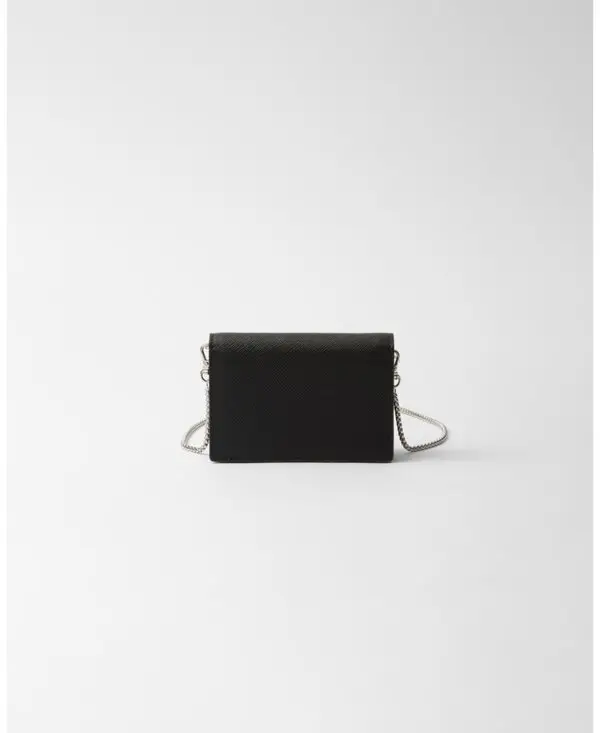 Prada Saffiano Leather Card Holder With Shoulder Strap - Black/silver