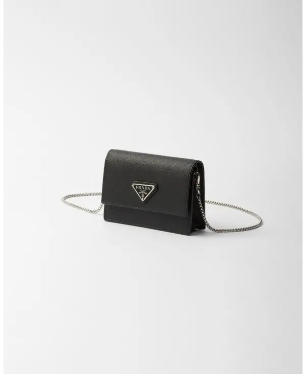 Prada Saffiano Leather Card Holder With Shoulder Strap - Black/silver
