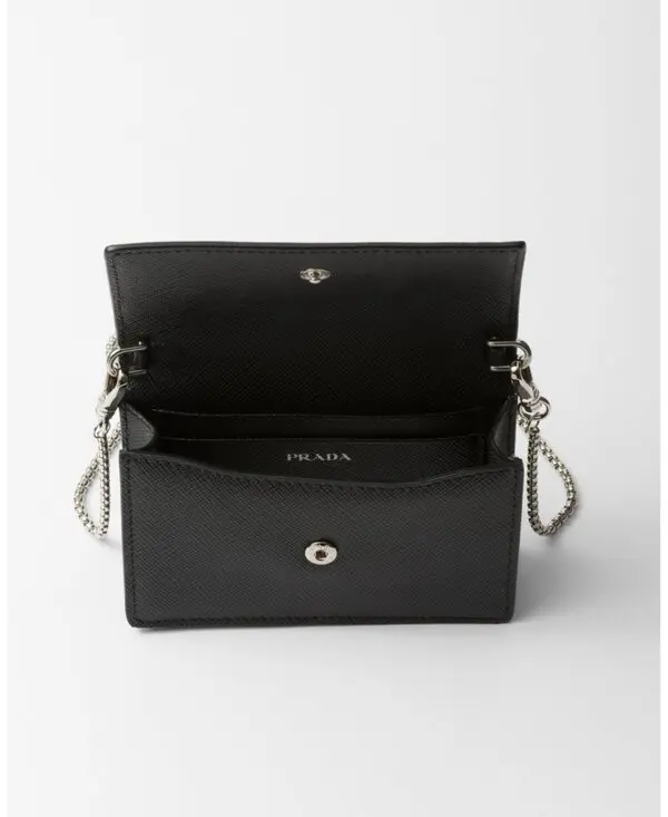 Prada Saffiano Leather Card Holder With Shoulder Strap - Black/silver