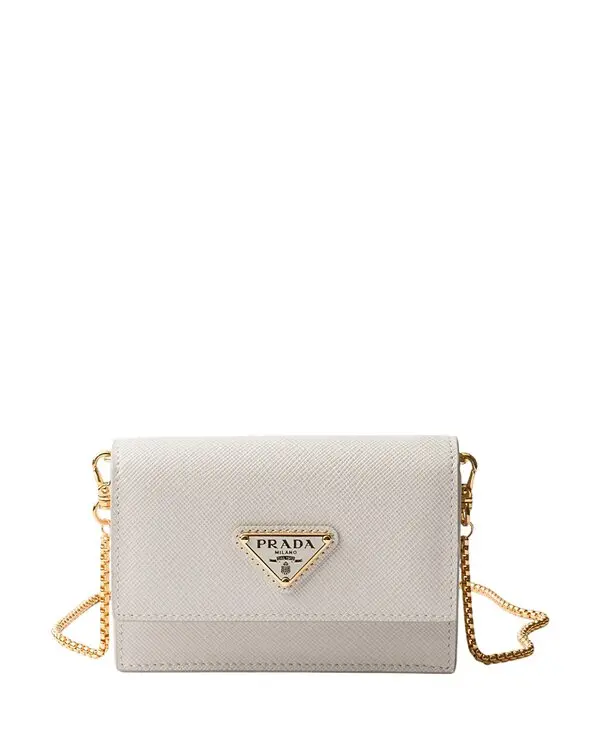 Prada Saffiano Leather Card Holder With Shoulder Strap - Chalk White