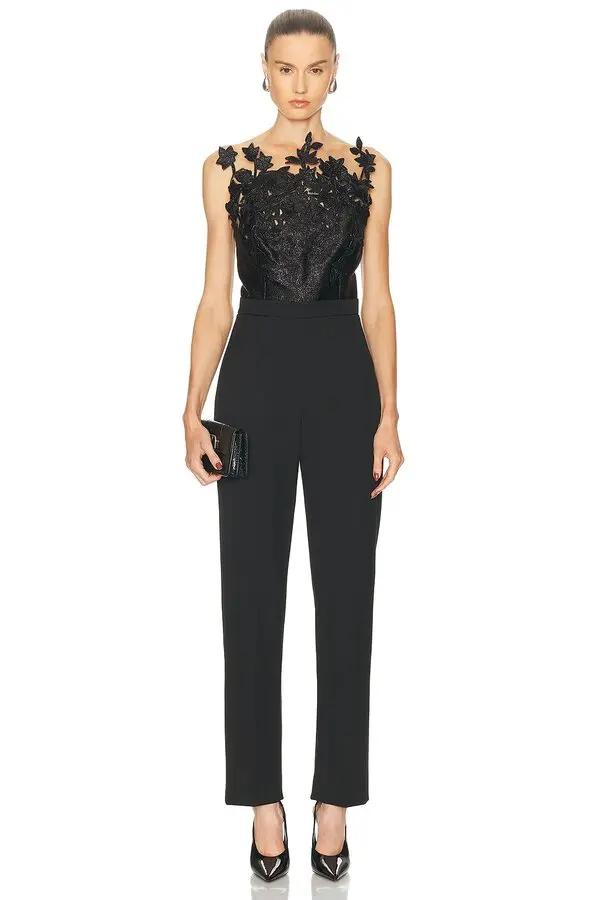 Oscar De La Renta Strapless Jumpsuit With Floral Detail - Black