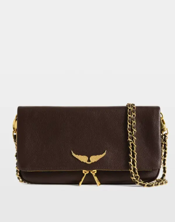 Zadig&Voltaire Grained Leather Clutch Bag With Graffiti Print - Marrone