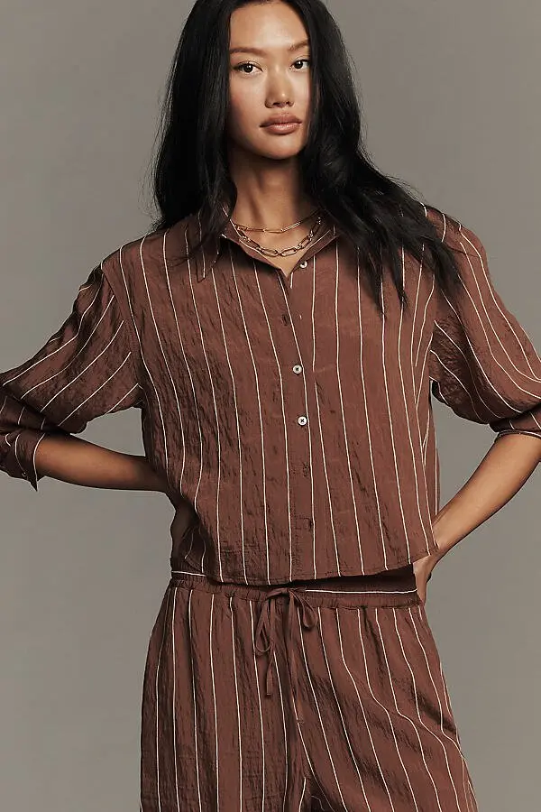 Maeve Pinstripe Silky Buttondown Crop Top - Brown Stripe
