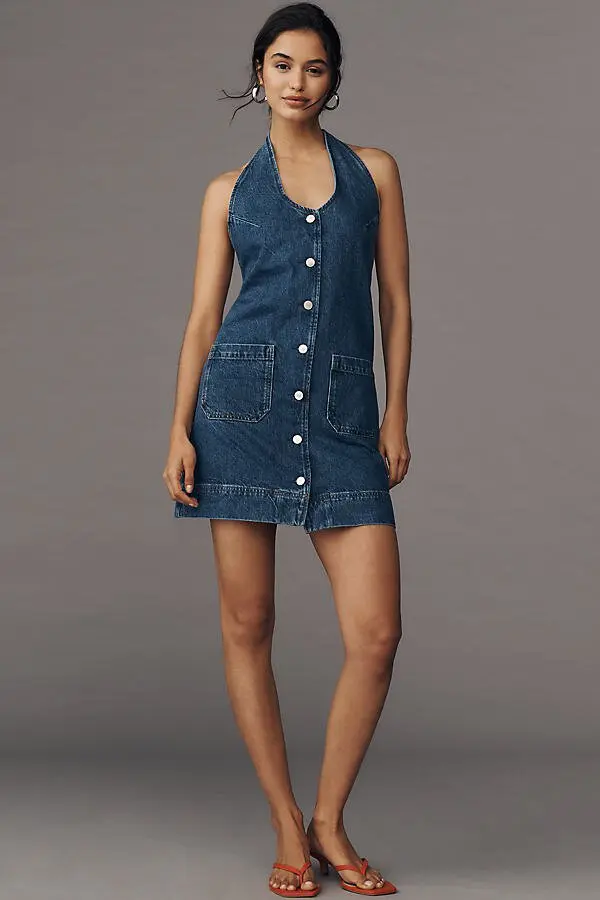 white christmas dresses Halter Neck Buckle Detail Denim Dress - Black main image 0