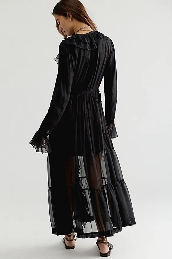 Free People Isla Midi Dress With Ruffles And Tiered Panels - Black