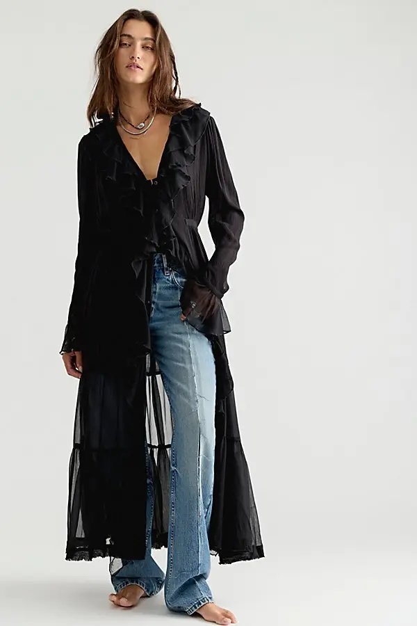 Free People Isla Midi Dress With Ruffles And Tiered Panels - Black