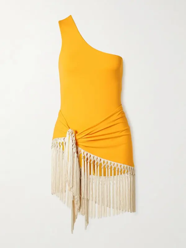 TALLER MARMO Yacare One-shoulder Swimsuit And Fringed Pareo Set - Yellow