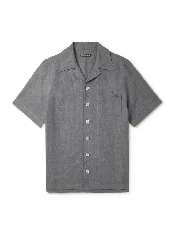 Dolce & Gabbana Camp-collar Logo-embroidered Linen Shirt - Gray
