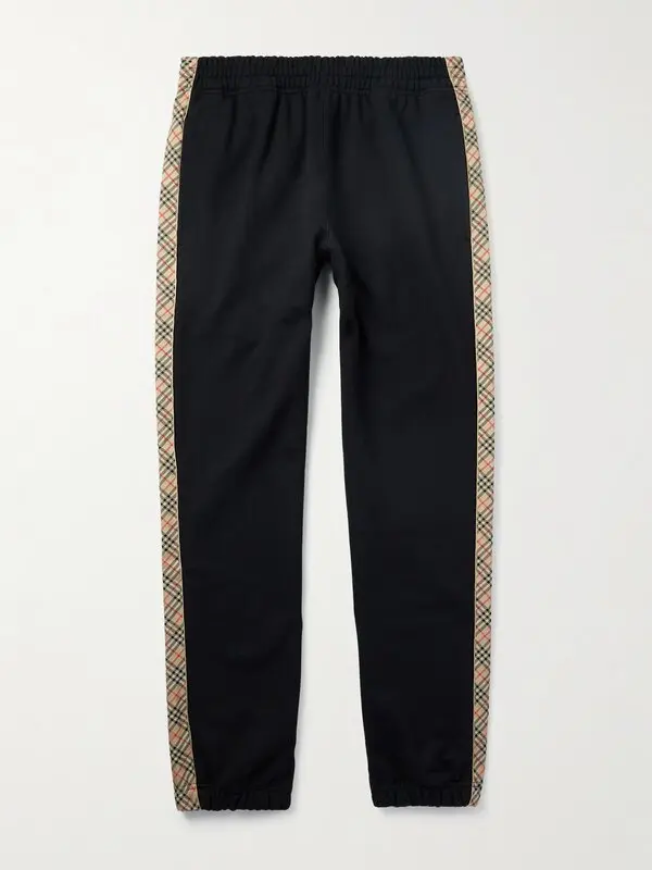 Burberry Tapered Logo-embroidered Checked Cotton-jersey Sweatpants - Black