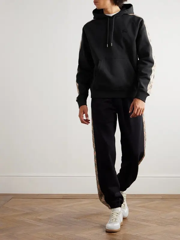 Burberry Tapered Logo-embroidered Checked Cotton-jersey Sweatpants - Black