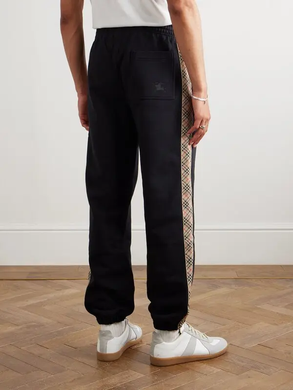 Burberry Tapered Logo-embroidered Checked Cotton-jersey Sweatpants - Black
