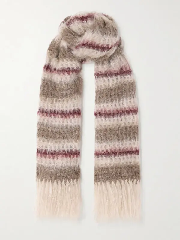 Brunello Cucinelli Fringed Striped Mohair-blend Scarf - Brown