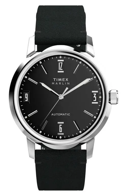 TIMEX® Marlin Automatic Leather Strap Watch - Black