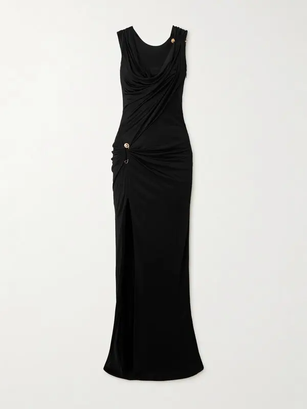 Versace Embellished Draped Stretch-jersey Gown - Black