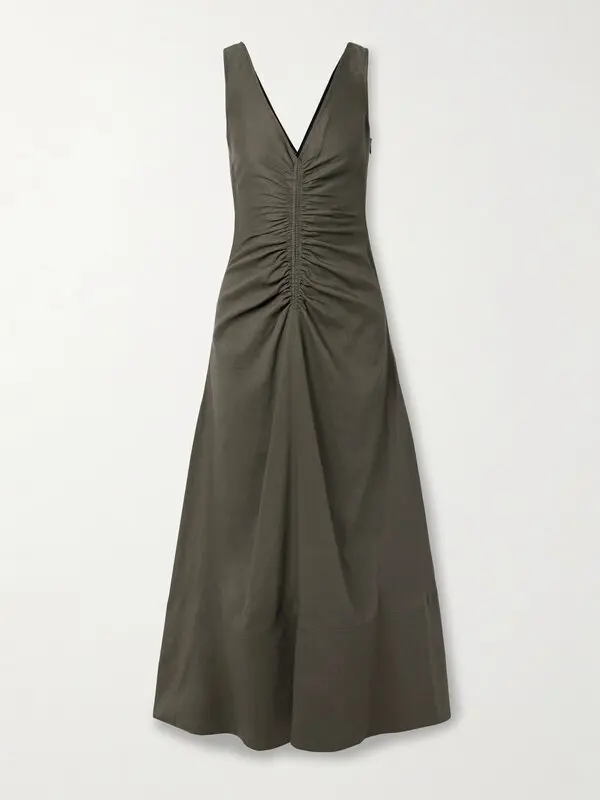Proenza Schouler Remi Ruched Organic Linen-blend Twill Maxi Dress - Green