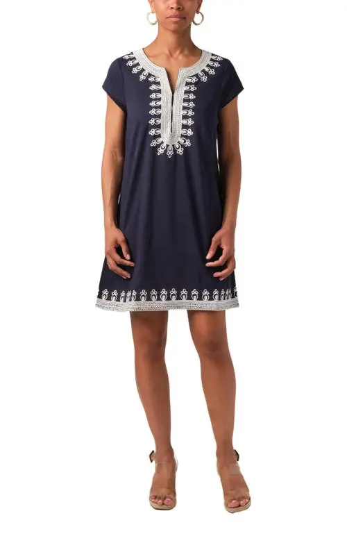 Calypso St. Barth Cotton Tunic Dress With Embroidery - Navy/white