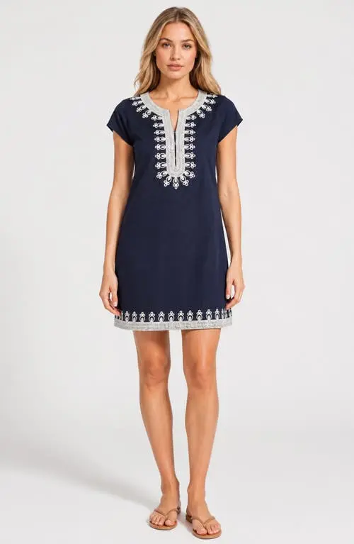 Calypso St. Barth Rowena Embroidered Cotton Tunic Dress - Navy/white