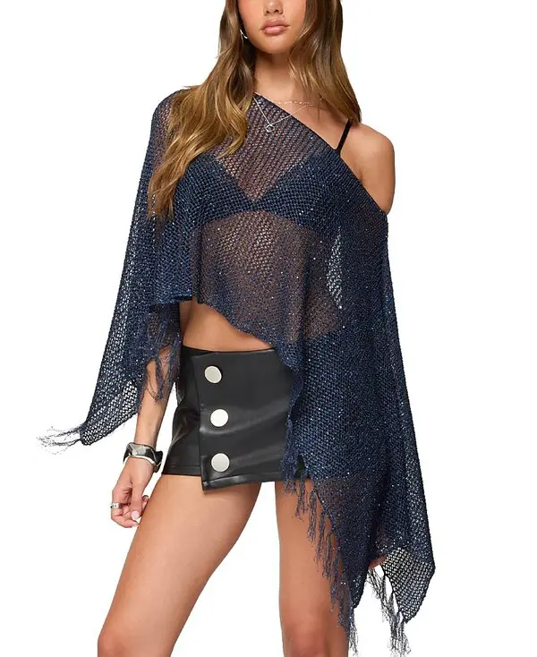 EDIKTED Sequin Fringe Knit Poncho - Navy