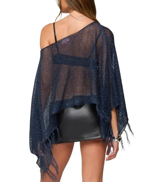 EDIKTED Sequin Fringe Knit Poncho - Navy
