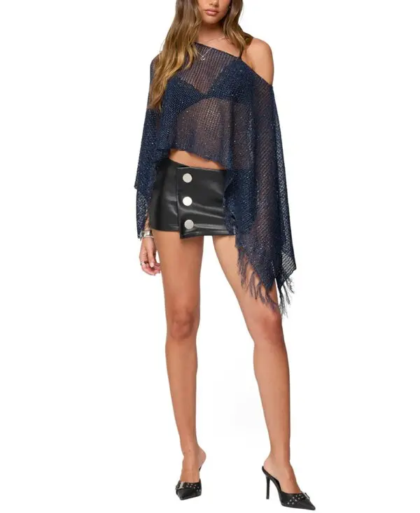 EDIKTED Sequin Fringe Knit Poncho - Navy