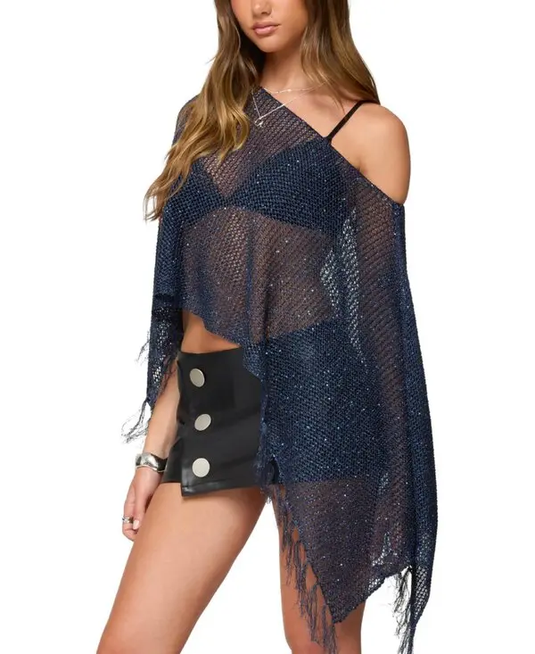 EDIKTED Sequin Fringe Knit Poncho - Navy