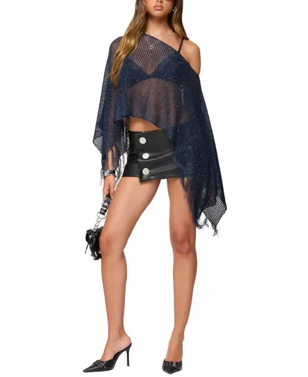 EDIKTED Sequin Fringe Knit Poncho - Navy