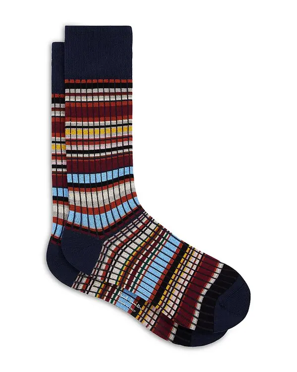 Paul Smith Signature Ribbed Grid Stripe Socks - Navy