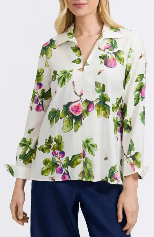 Foxcroft Agnes Figs Print Popover Top - Ivory/ Multi