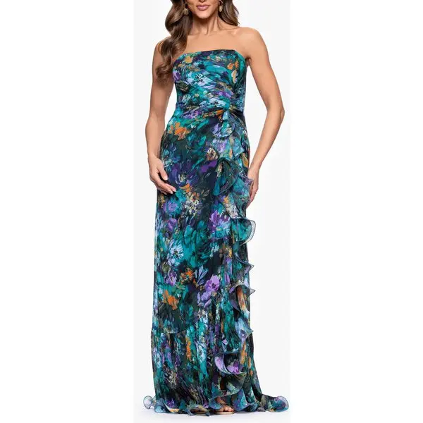 XSCAPE EVENINGS Pleated Ruffle Strapless Mermaid Gown