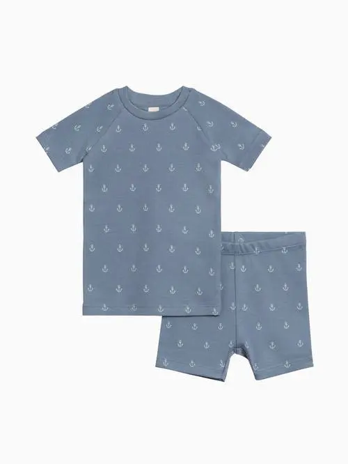 COLORED ORGANICS Organic Cotton 2-piece Short Sleeve Jammie Set - Anchor/sea + Powder