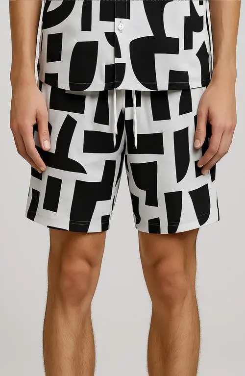 D.RT Geometric Print Swim Trunks - White/ Black