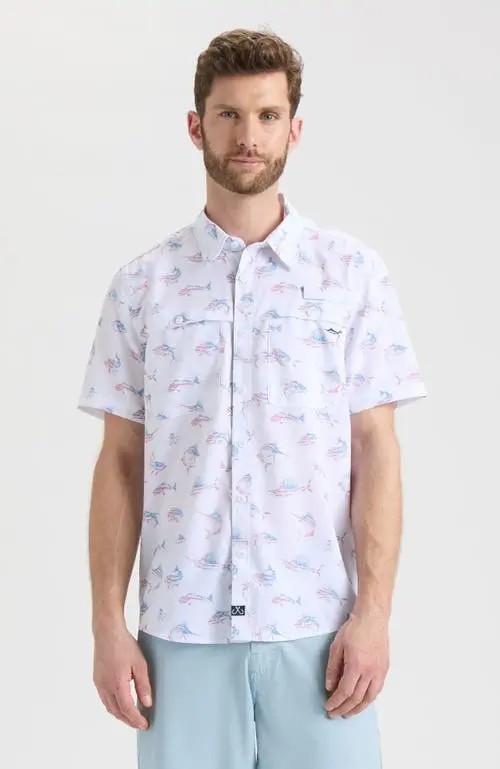 SALT LIFE Fish N' Bones Americana Woven Short Sleeve Shirt - White