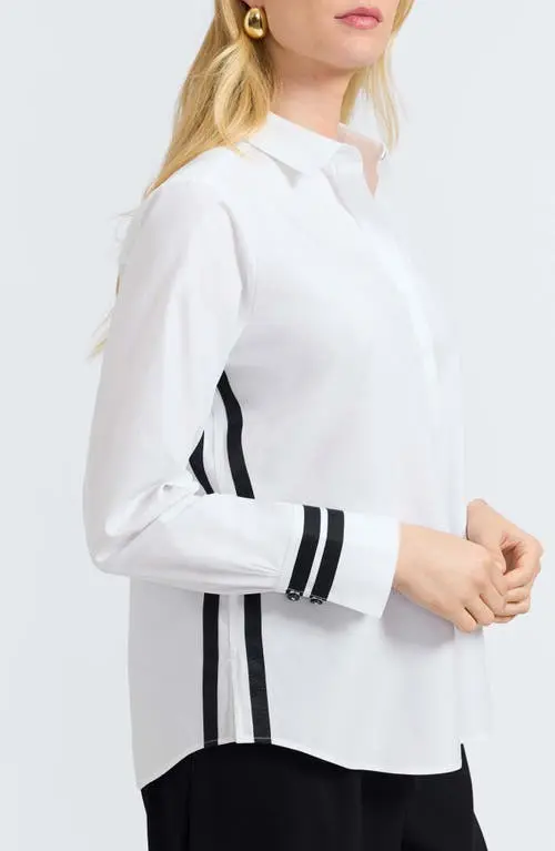 Foxcroft Brooke Grosgrain Trim Cotton Button-up Shirt - White