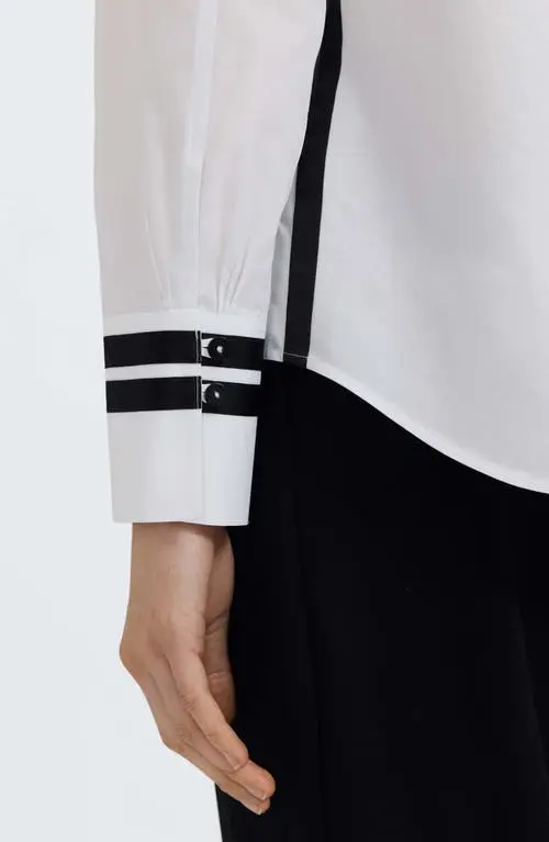 Foxcroft Brooke Grosgrain Trim Cotton Button-up Shirt - White