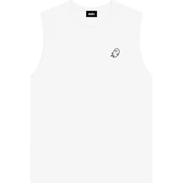 DALIX Ghost Embroidered Lightweight Cotton Muscle Tank - White