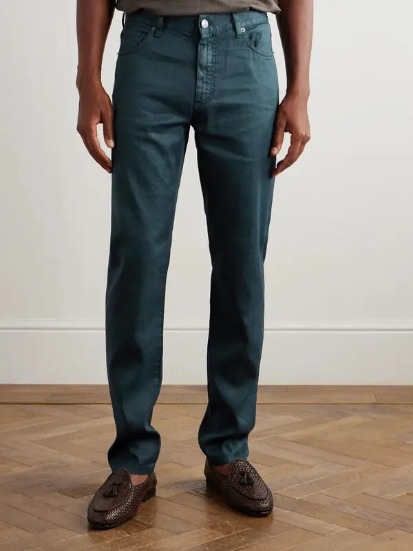Zegna Roccia Slim-fit Linen-blend Trousers - Blue