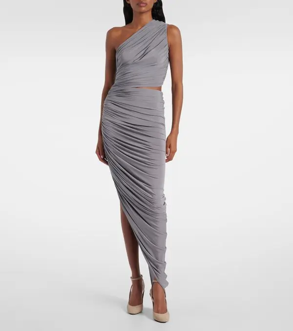 Alaïa Asymmetrical Ruched Jersey Maxi Dress - Grey