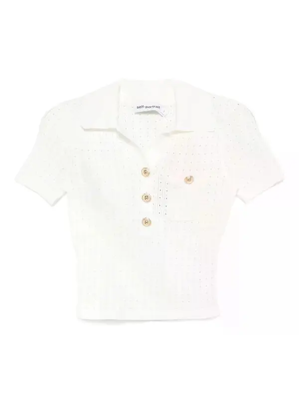 SELF-PORTRAIT Pointelle-knit Polo Top - White