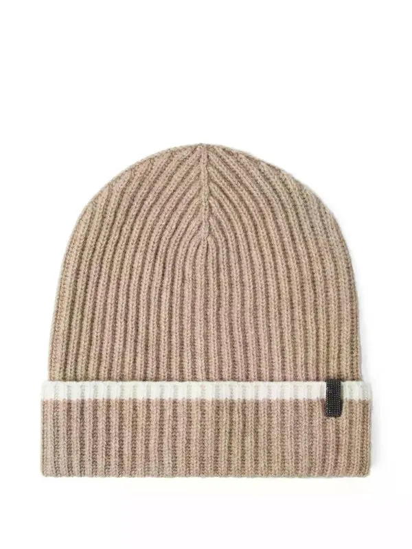 Brunello Cucinelli Ribbed Beanie With Contrasting Stripe - Neutrals
