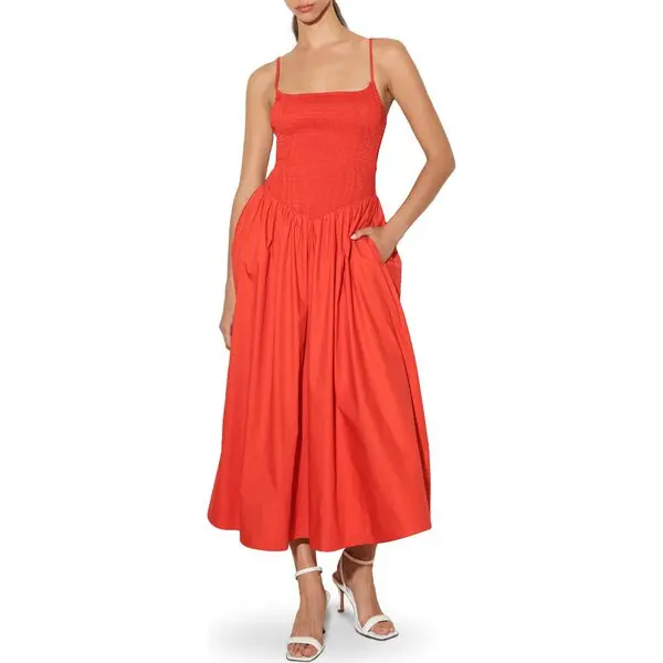 FREEMARKET Smocked Cotton Midi Tank Dress - Red