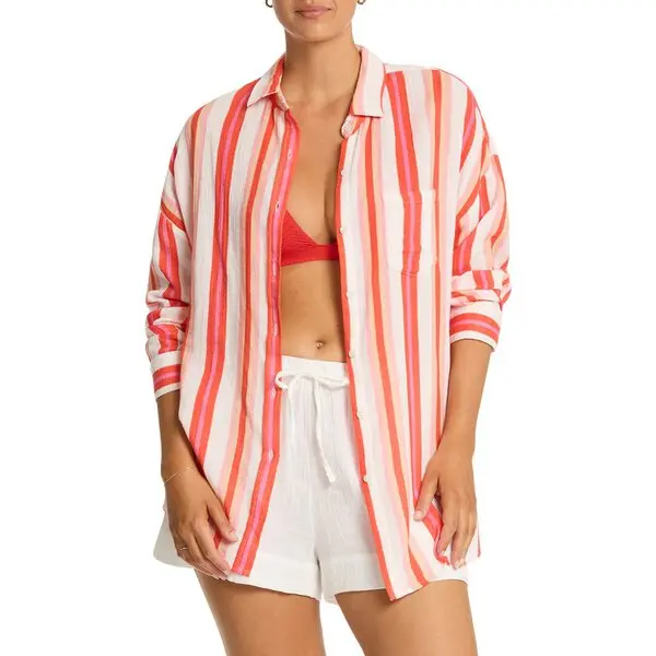 SEA LEVEL West Coast Beach Stripe Cover-up Shirt - Coral