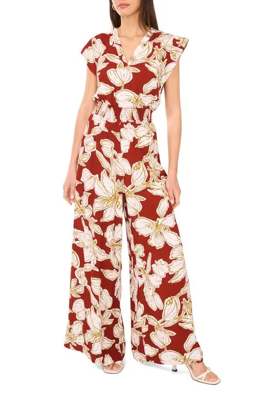 Vince Camuto Floral Flutter-sleeve Jumpsuit - Chili